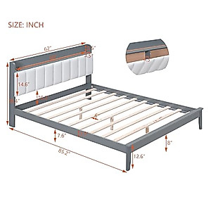 Merax Queen Size Upholstered Platform Bed with USB Charging Station and Storage Upholstered Headboard, LED Bed Frame, No Box Spring Needed, Gray