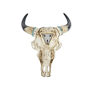 Ebros Gift 16.5" High Large Western Southwest Steer Bison Buffalo Bull Cow Skull Head with Mosaic Turquoise and Red Aztec Sun Teardrop Gems Design Wall Mount Decor Native Indian Accent Skulls