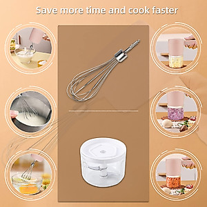 New 2 in 1 Mini Electric Whisk,with Garlic Chopper,USB Rechargeable Detachable Handheld Egg Beater, Good Helper in the Kitchen Making Cakes (Pink)