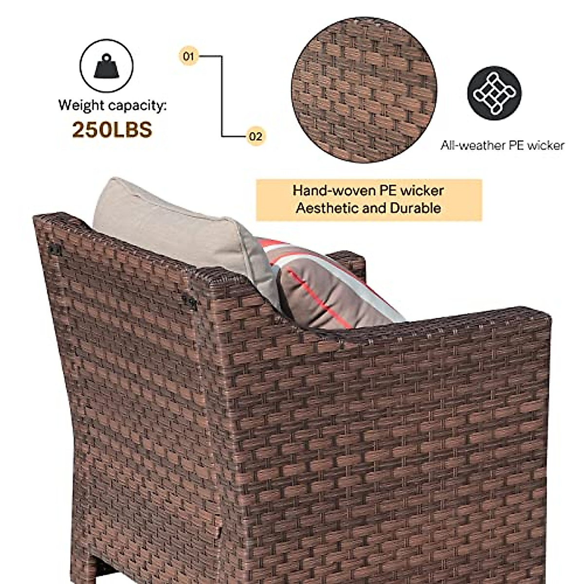 SUNSITT Patio Outdoor Furniture 2-Piece Brown Wicker Single Club Chairs w/Beige Olefin Cushions & Striped Throw Pillow