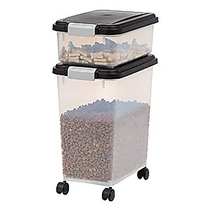 IRIS USA 3-Piece 35 Lbs / 45 Qt WeatherPro Airtight Pet Food Storage Container Combo with Scoop and Treat Box for Dog Cat and Bird Food, Keep Pests Out, Translucent Body, Easy Mobility, Black