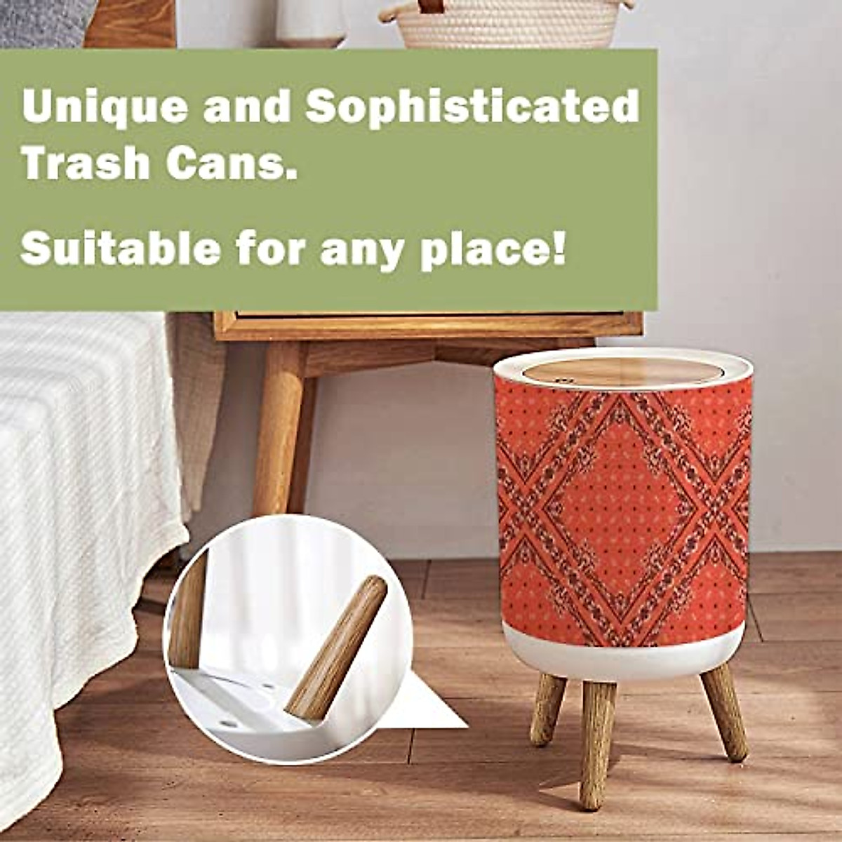 Small Trash Can with Lid Seamless Based on Ornament Paisley Bandana Print Vintage Style Silk Wood Legs Press Cover Garbage Bin Round Waste Bin Wastebasket for Kitchen Bathroom Office 7L/1.8 Gallon