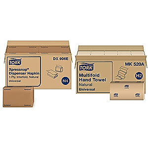 Tork Xpressnap Natural Dispenser Napkin N4, Universal, Interfold 1-ply, 13" x 8.5", 12 x 500 napkins, DX906E & Multifold Hand Towel Natural H2, Universal, 100% Recycled Fibers, 16 x 250 Sheets, MK520A