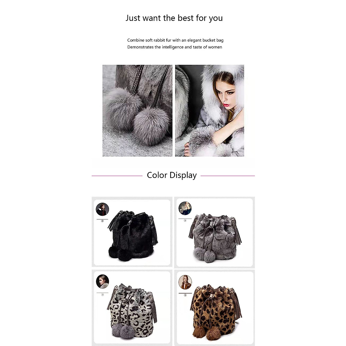 ENYIWH Women Leopard Print Faux Purse Fur Drawstring Bucket Bag Shoulder Crossbody Bag