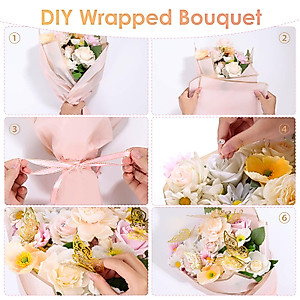ROADPLUM 20 Sheets Flower Wrapping Paper, Pink Floral Wrapping Paper Bouquet Kit with 100 Pcs Diamond Bouquet Pins 60 Pcs 3D Gold Butterflies 1Roll Ribbon for DIY Craft Flower Wrapping Gift Packaging