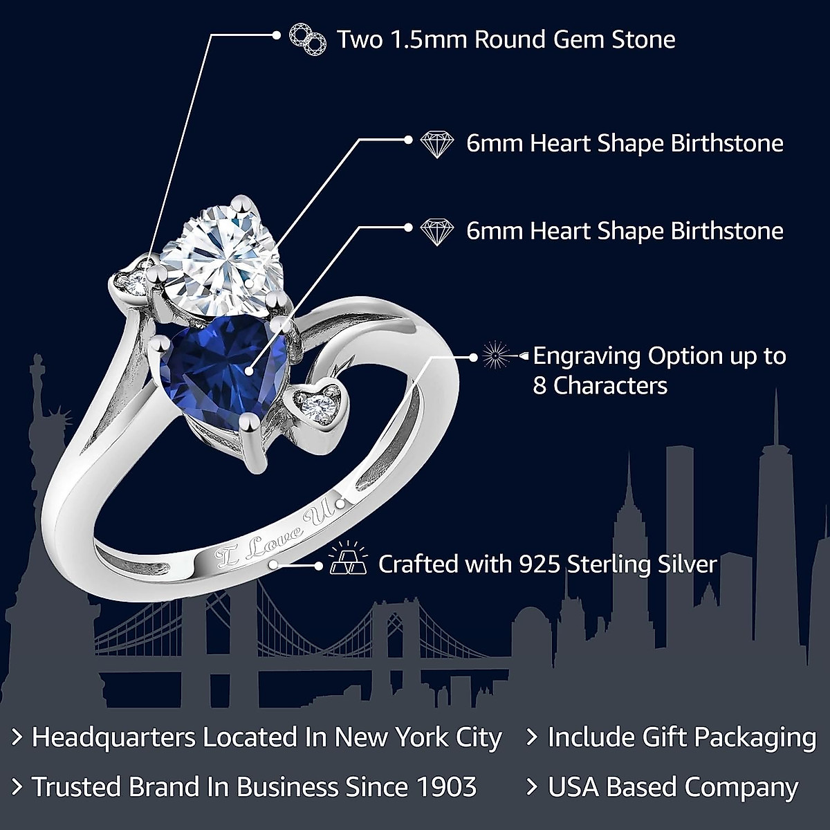 Gem Stone King 925 Sterling Silver Promise Customized Personalized and Engraving Build Your Own 2 Birthstone For Her Heart Shape Engagement Ring For Women (Size 7)