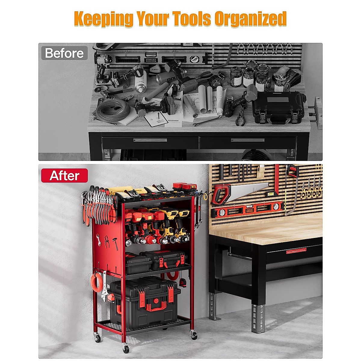 FHXZH Power Tool Organizer with Wheels - Garage Power Tools Storage Cart, Large Rolling Drill Holder Cordless Battery Storage, Heavy Duty Floor Standing Utility Rack Gift for Men, Husband, Father