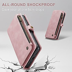 Defencase Wallet Case for Women Men, Durable PU Leather Magnetic Flip Lanyard Strap Wristlet Zipper Card Holder Phone Cases for iPhone 11 6.1-inch, Rose Pink