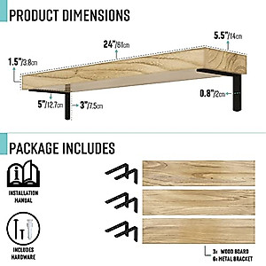 SHELFIN NOTA 24"x5.5" Wall Bookshelf Rustic Floating Shelves for Storage Living Room Decor Office Supplies & Kitchen Organizer Bathroom Shelves Set of 3 Burnt Finish