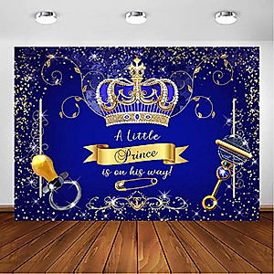Avezano Royal Prince Baby Shower Backdrop for Party Decorations Royal Blue Gold Crown Little Prince Baby Shower Photoshoot Photography Background (7x5ft)