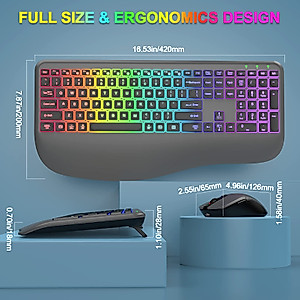 Wireless Keyboard and Mouse Combo with 7 Colors Backlit, Wrist Rest, 2.4G Rechargeable Ergonomic Full Size Light Up Wireless Keyboard and Mouse Set for Computer, PC, Mac, Laptop, Chromebook (Grey)