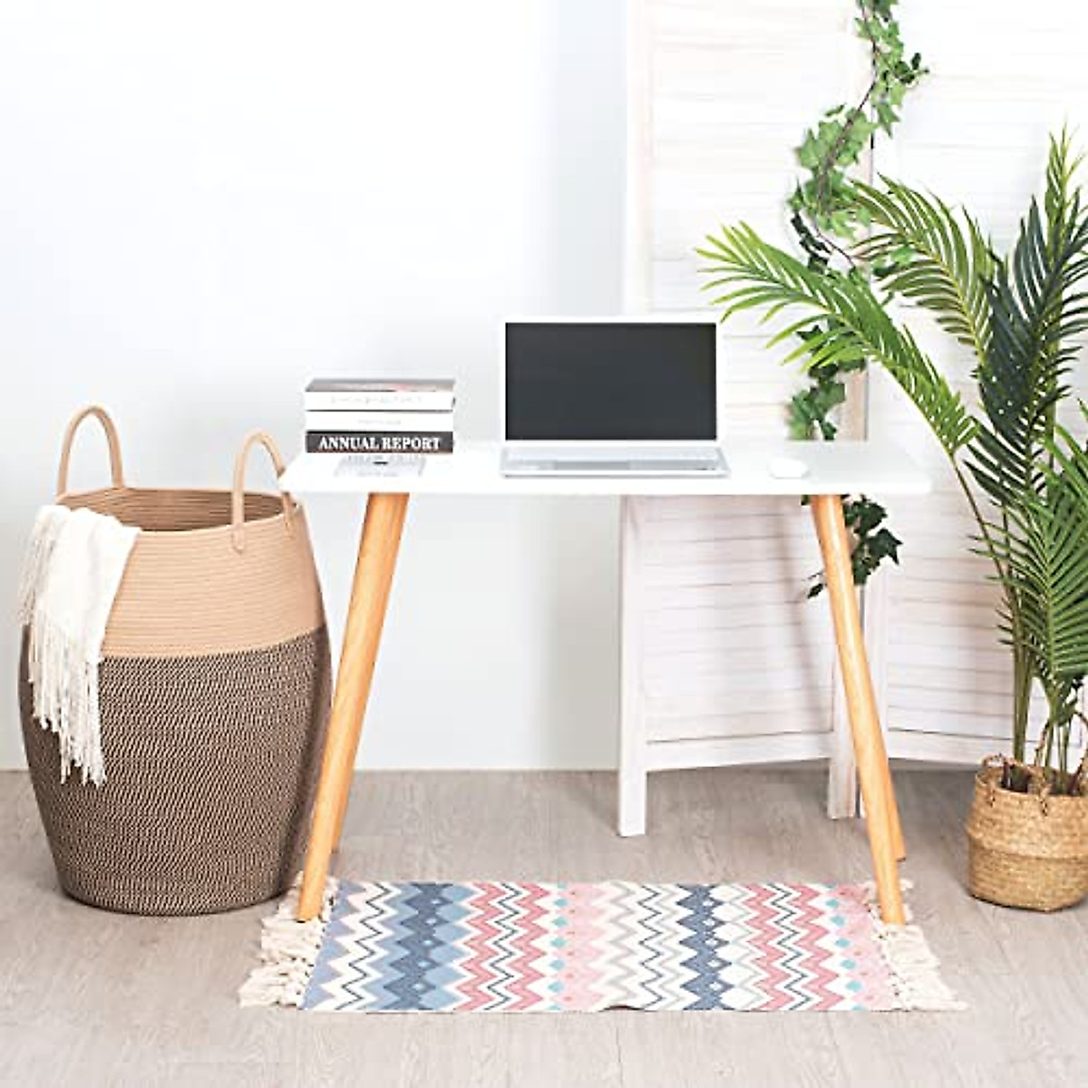 MINTWOOD Design Extra Large 25.6 Inches High Decorative Woven Cotton Rope Basket, Tall Laundry Hamper with Handles, Blanket Basket Living Room, Storage Baskets for Toys, Throws, Pillow, Black Jute Mix