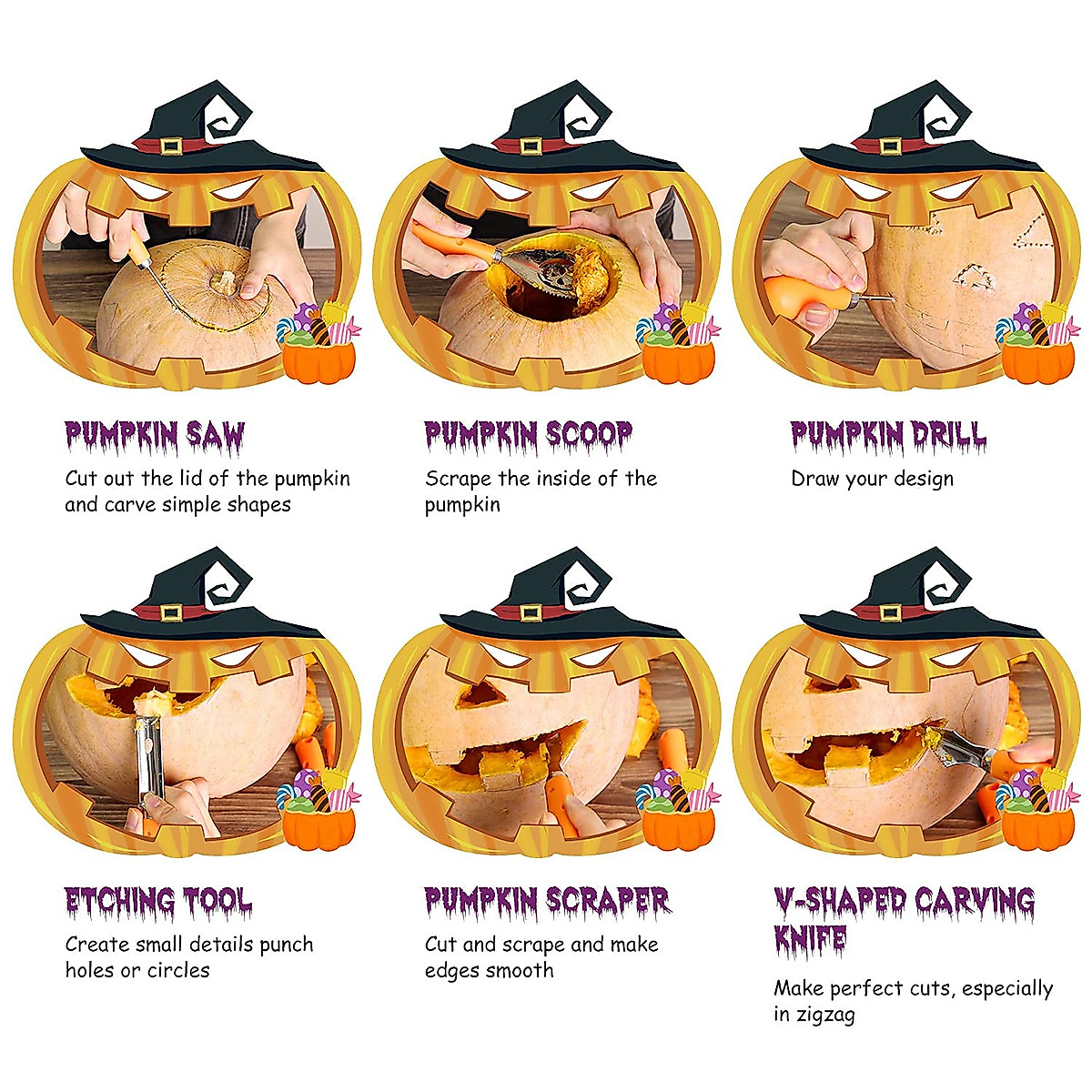 Pumpkin Carving Kit, Halloween Pumpkin Carving Tools, 6PCS Carving Tools Carving Knife for Halloween Decoration, Professional Stainless Steel Pumpkin Carving Set, Pumpkin Carver for Adults & Kids