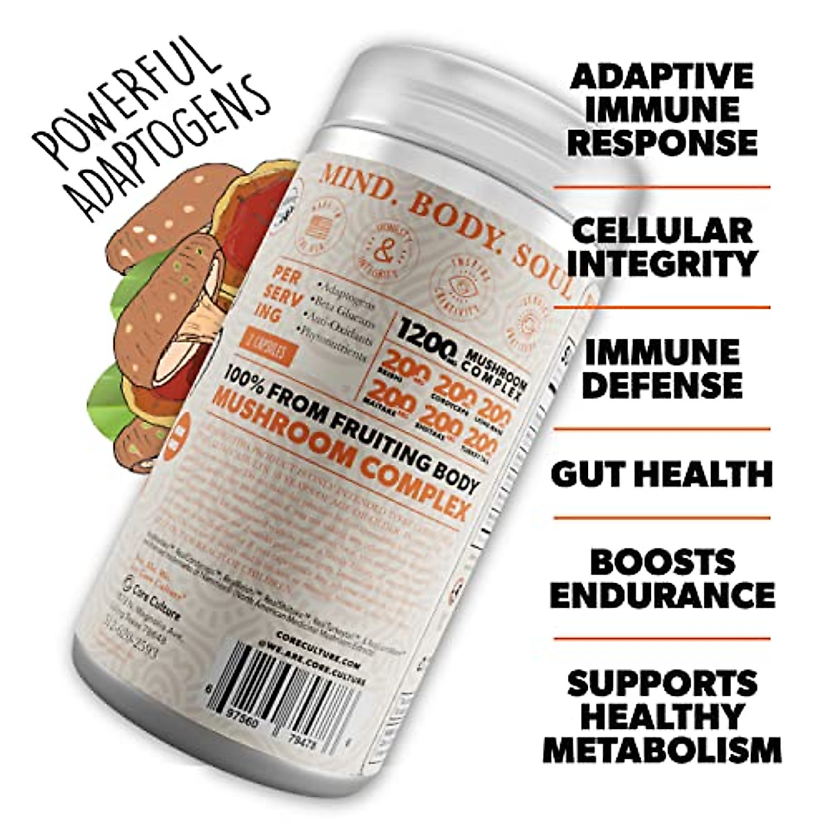 Mushroom Immunity Capsules by Core Culture, Mushrooms Powder Blend of Lions Mane Supplement, Cordyceps, Reishi + More, Organic Mushroom Supplement Pills for Energy & Immune Support, 60 Capsules