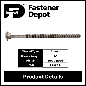 3/4"-10 x 12 Hot Dipped Galvanized Carriage Bolt, Grade A, 6" of Thread, Quantity 20 - by Fastener Depot, LLC