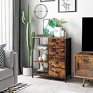 Furologee Fabric Dresser with 4 Drawers and Side Shelf,Industrial Lightweight Storage Unit Organizer for Entryway, Bedroom, Nightstand, Office, Kitchen (Rustic Brown)