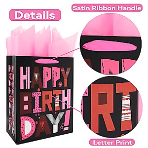 13" Large Pink Gift Bags Set with Greeting Card and Tissue Paper (Pink Happy Birthday) for Girls Birthday Party,Kids Parties,Mother's Day,Baby Shower,Baby Girl -13”x10.1”x5.2”,1 Pcs,