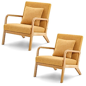 WACASA Accent Chair, Mid-Century Modern Side Chairs for Living Room, Bedroom, Balcony, Reading Room, Deeper Sitting Chair with Pillow, Comfortable Armchair with Solid Wood Frame & Soft Cushion,Yellow