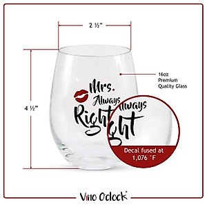 Vino O'clock Mr Right and Mrs Always Right Wine Glasses Gift Set For Bridal Shower, Married Couples, Weddings, Engagements, Newlyweds, Anniversary / 16oz