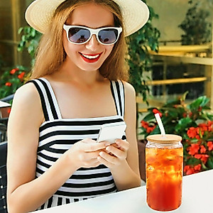 Joyclub 12 Set Glass Cups with Bamboo Lids and Straws 16oz Can Shaped Reusable Iced Coffee Cups with Lids, Drinking Glasses Tumbler with Straw and Lid for Soda Boba Tea Cocktail Whiskey Gift