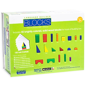 Stages Learning Materials Language Builder Block Imitation Kit Curriculum for Autism & Preschool 120 Pretend Play Flashcards, 40 Wood Blocks, iPad App