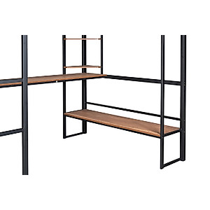 BIADNBZ Full Size Loft Bed with Desk and Shelves Storage, Metal High LoftBed Frame w/Ladder for Kids Teens Adults Bedroom, Black