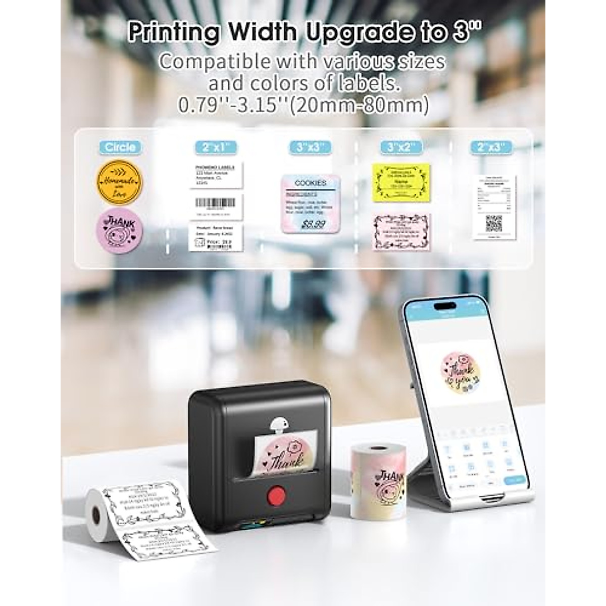 Memoqueen Thermal Label Maker, M200 Bluetooth Thermal Label Printer, 3 Inch Address Label Maker for Small Business, Home, Office, Barcode, Logo, Black