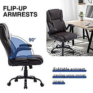 Executive Office Chair, Leather Office Chair, Adjustable Ergonomic High Back Office Chair with Flip-up Armrests, Executive Desk Chair Swivel Rolling Computer Chair with Lumbar Support (Brown)