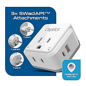 Ceptics European Plug Travel Adapter Set, 20W PD & QC, Safe Dual USB & USB-C - 2 USA Socket - Compact - Use in Germany, France, Italy, UK - Includes Type E/F, Type C, Type G SWadAPt Attachments