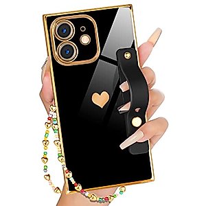Petitian for iPhone 12 Square Case Loopy Stand/Strap, Luxury Cute Women Girls Heart Electroplated Designer Squared Edge Phone Cases for 12, Black