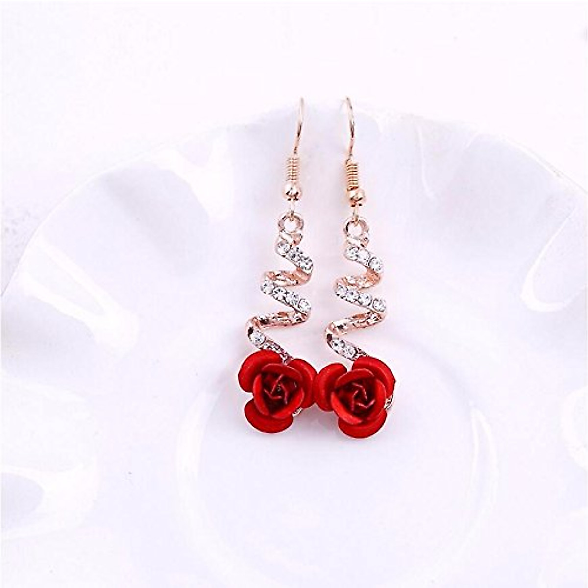 Vintage Red 3D Rose Drop Earrings For Women Statement Dangle Earrings With Crystal Rhinestone Valentine's Day Gift