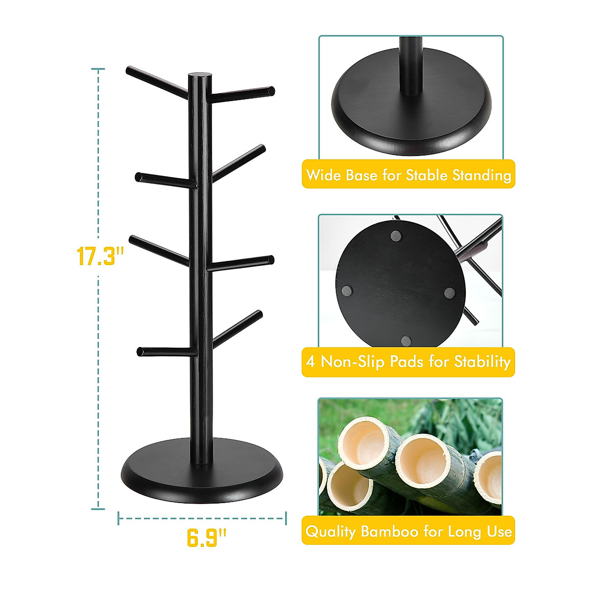 Lorbro Coffee Mug Tree with 8 Hooks, Mug Tree Stand, Bamboo Coffee Cup Holder, Countertop Mug Tree, Mug Stand Kitchen Organizer, Cafe Accessories Decor & Kitchen Organizer Storage Stand (Black)