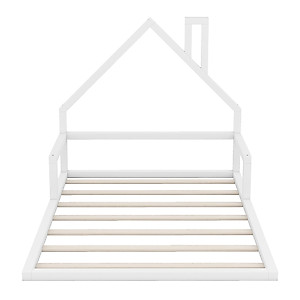 Harper & Bright Designs Full Kids Bed with House-Shaped Headboard, Full Floor Bed with Solid Wood Slats,Full Size Platform Bed Frame for Girls Boys,No Box Spring Needed,White
