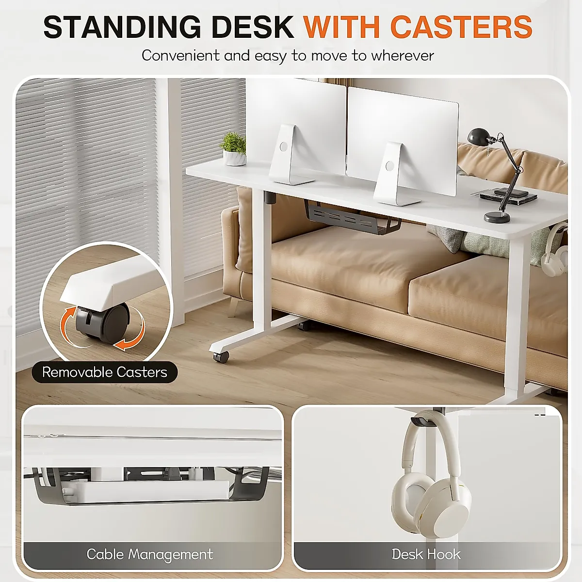 Furmax Electric Standing Desk, 59 x 24 Inches Height Adjustable Desk with Wheels, Home Office Computer Desk with Management Box (White)