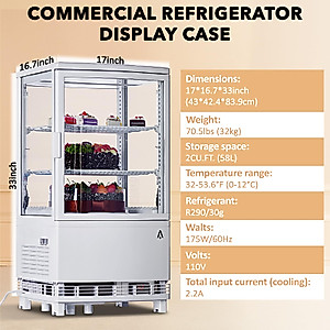 Takywep Commercial Refrigerator Display Case 2 Cu.FT, Two Glass Door Display Refrigerator Display Fridge, Countertop/Floor Refrigerator with LED Lighting, Adjustable Shelves, Double-Layered Glass