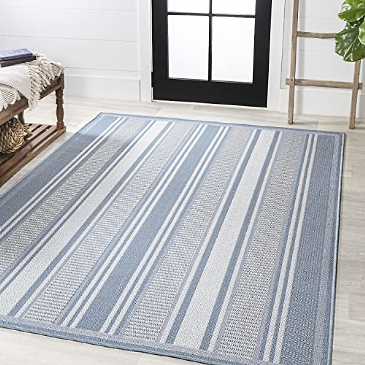 JONATHAN Y SMB202E-8 Haynes Modern Double Stripe Indoor Outdoor Area-Rug, Rustic, Transitional, Farmhouse Easy-Cleaning,Bedroom,Kitchen,Backyard,Patio,Non Shedding, Blue/Light Gray, 8 X 10