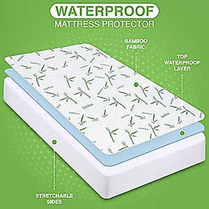 Utopia Bedding Premium Bamboo Waterproof Mattress Protector Twin 340 GSM, Fits 15 Inches Deep, Mattress Cover, Breathable, Fitted Style with Stretchable Pockets White