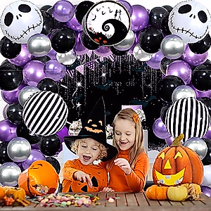 Nightmare Balloons Decorations Before Christmas Skull Halloween Party Decorations Balloon Garland Kit - Purple Black Balloon Arch with Skull Balloons for Halloween Birthday Baby Shower, Day of the Dead Decorations