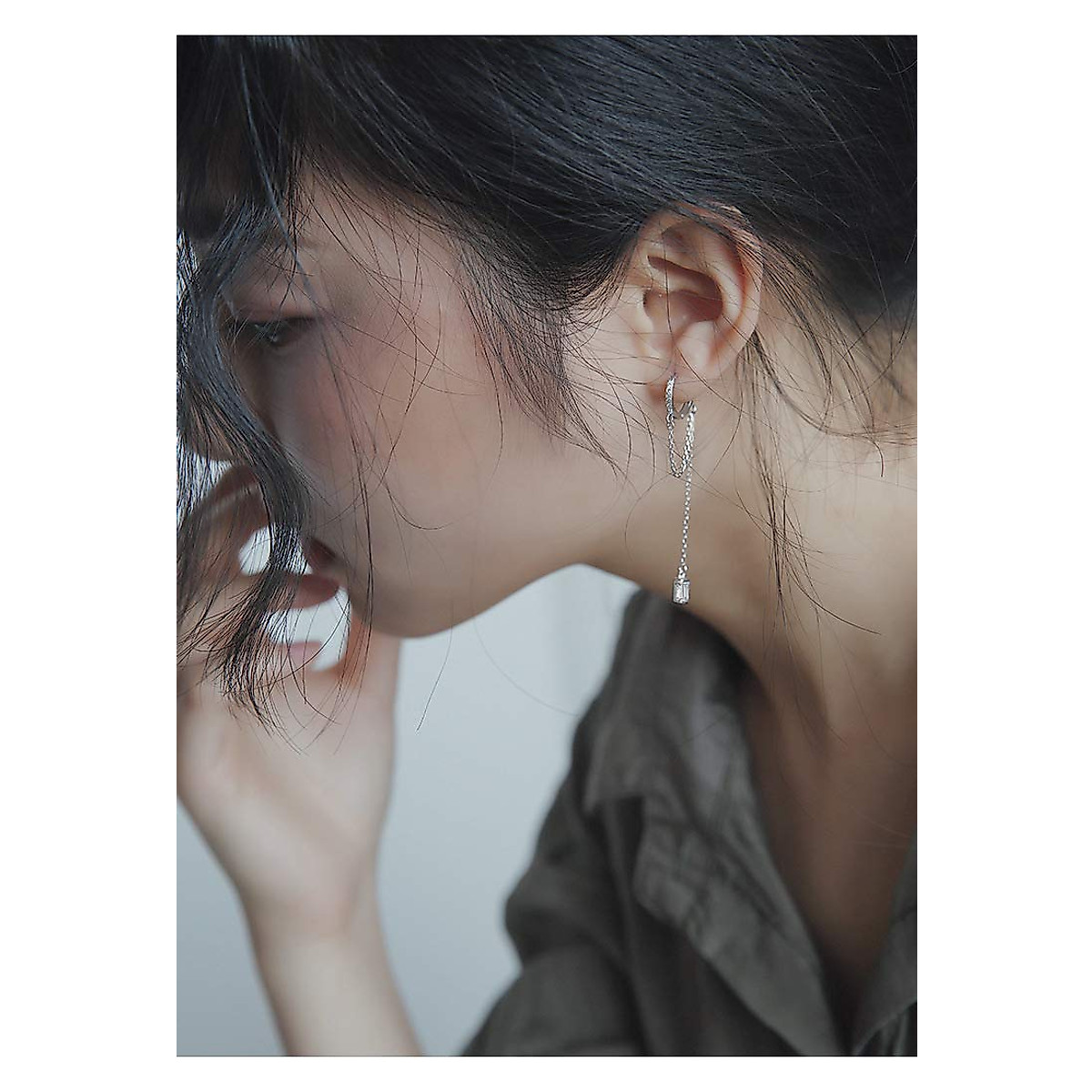 CZ Small Hoop Cuff Earrings With Long Chain Dangle S925 Sterling Silver for Women Girls Cartilage Sensitive Ears Fashion Elegant Cubic Zirconia Threader Tassel Dangling Hypoallergenic Gifts