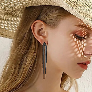 Long Black Earrings for Women Dangling Tassel Earrings Long Metal Chain Tassel Dangle Earrings Black Fringe Earrings Geometric Earrings Bridesmaid Jewelry