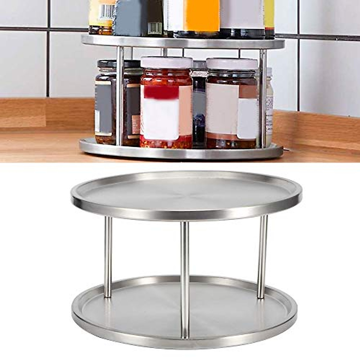 Lazy Susan Turntable Cabinet Organizer, 10.5 Round Stainless Steel Double Layer Turntable Rotating Plate Spice Rack Organizer Kitchen Accessory 10.5x5.9in