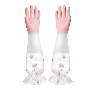 Dishwashing Rubber Cute Patterned Gloves,3 Pairs Reusable Kitchen Cleaning Gloves Long Cuff and PVC with Soft Lining