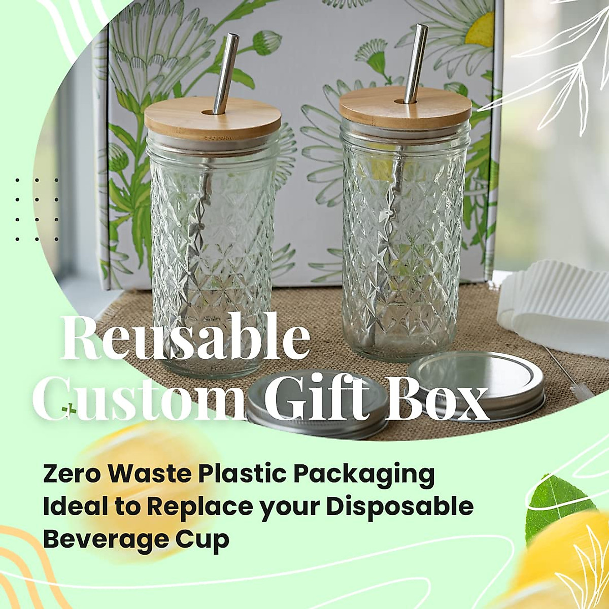 [2Pack] Glass Cups Set - 22oz Mason Jar Drinking Glasses w/Bamboo Lids & Straws & 2 Airtight Lids - Cute Reusable Gift Box Boba Bottle, Iced Coffee Glasses, Travel Tumbler for Bubble Tea, smoothie