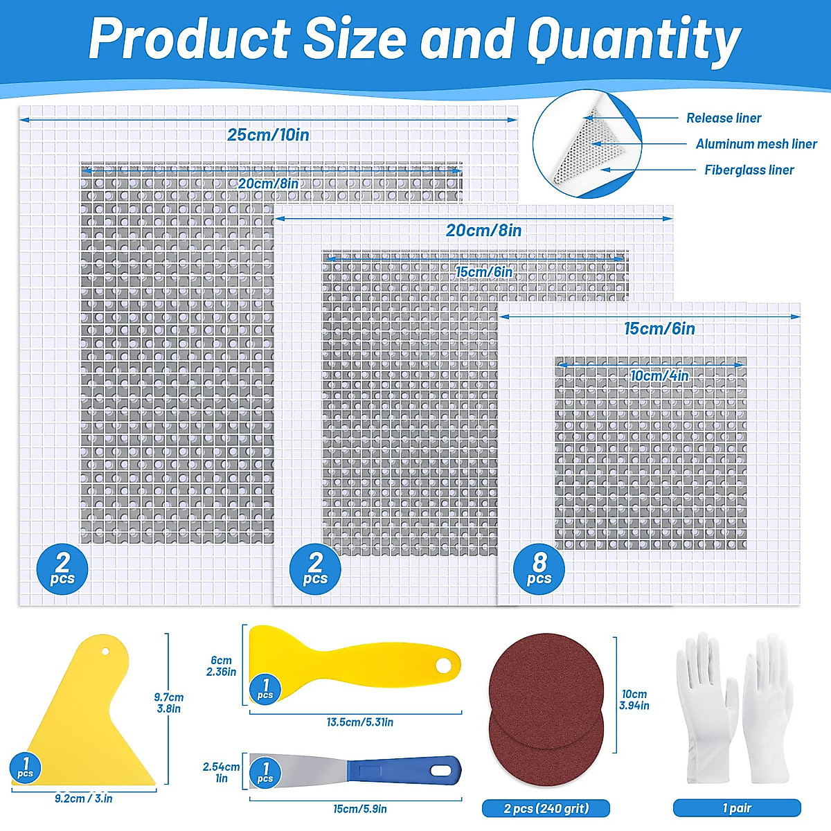 12 PCS 4/6/8 Inch Wall Repair Patch Kit, Aluminum Mesh Dry Wall Hole Repair Patch with Scraper Sandpapers Gloves Heavy Duty Wall Repair for Large Holes Quick Fixes