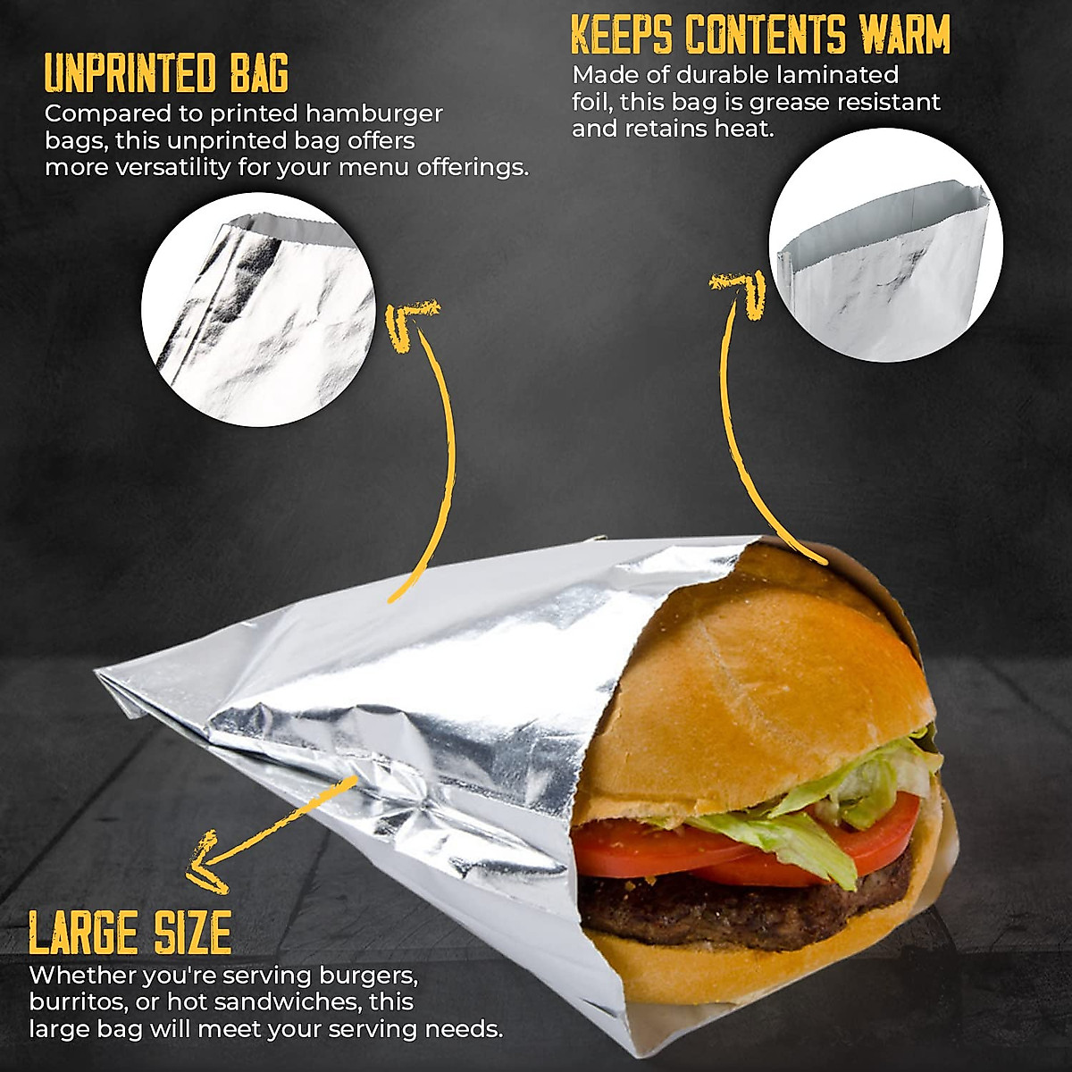 C&S Event Supply Co. Aluminum Foil Hamburger Sleeves - Water and Grease Resistance Sandwich Bags - BPA Free Burger Wrappers for Panini's, Pita Pockets, and Hot Sandwich (50, Silver)