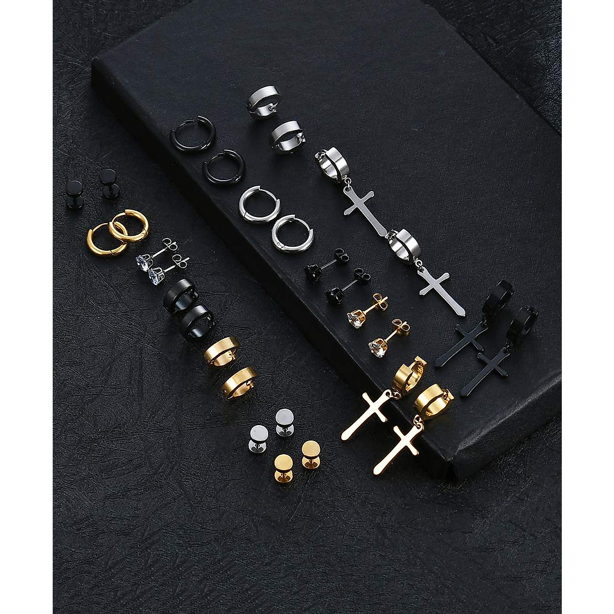 Ofeiyaa 15 Pairs Stainless Steel Dangle Hinged Earrings Hoop Huggie Earrings CZ Stud Earrings Set for Men Women Ear Piercing Jewelry Silver Black Gold Tone