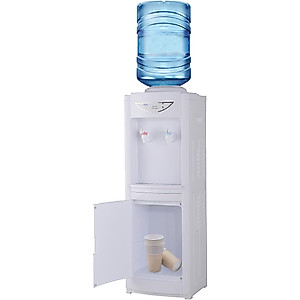 Water Cooler Dispenser for 5 Gallon Bottle, Top Loading Hot & Cold Water Freestanding Electric Water Cooler Child Safety Lock for Indoor Home Office Use with Storage Cabinet, White