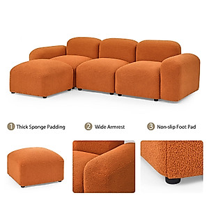 Taiweny Convertible Modular Sectional Sofa, Teddy Fabric L-Shaped Modern Bubble Couch with Ottoman, 3-Seater Sherpa Teddy Sofas for Living Room Apartment, 94”, Orange
