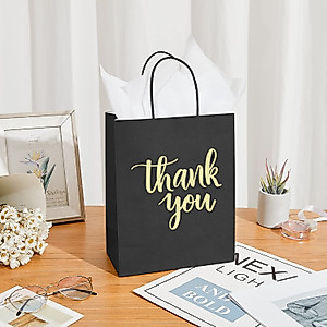 DjinnGlory 50 Pack Medium Black Thank You Paper Bags with Handles and 24 Sheet White Tissue Paper for Small Business, Shopping, Wedding, Baby Shower, Party Favors (Medium 10''x8''x4'', Black)