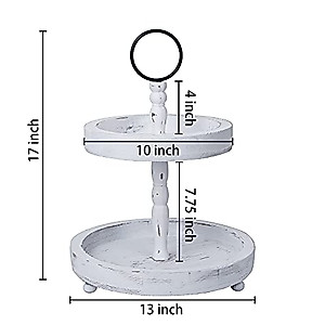 Rorain Tiered Tray 2 Tier Farmhouse Serving Tray 13" X 13" Distressed White Wooden Decorative Tray for Cake, Fruit, Cookie, Food and Party Display